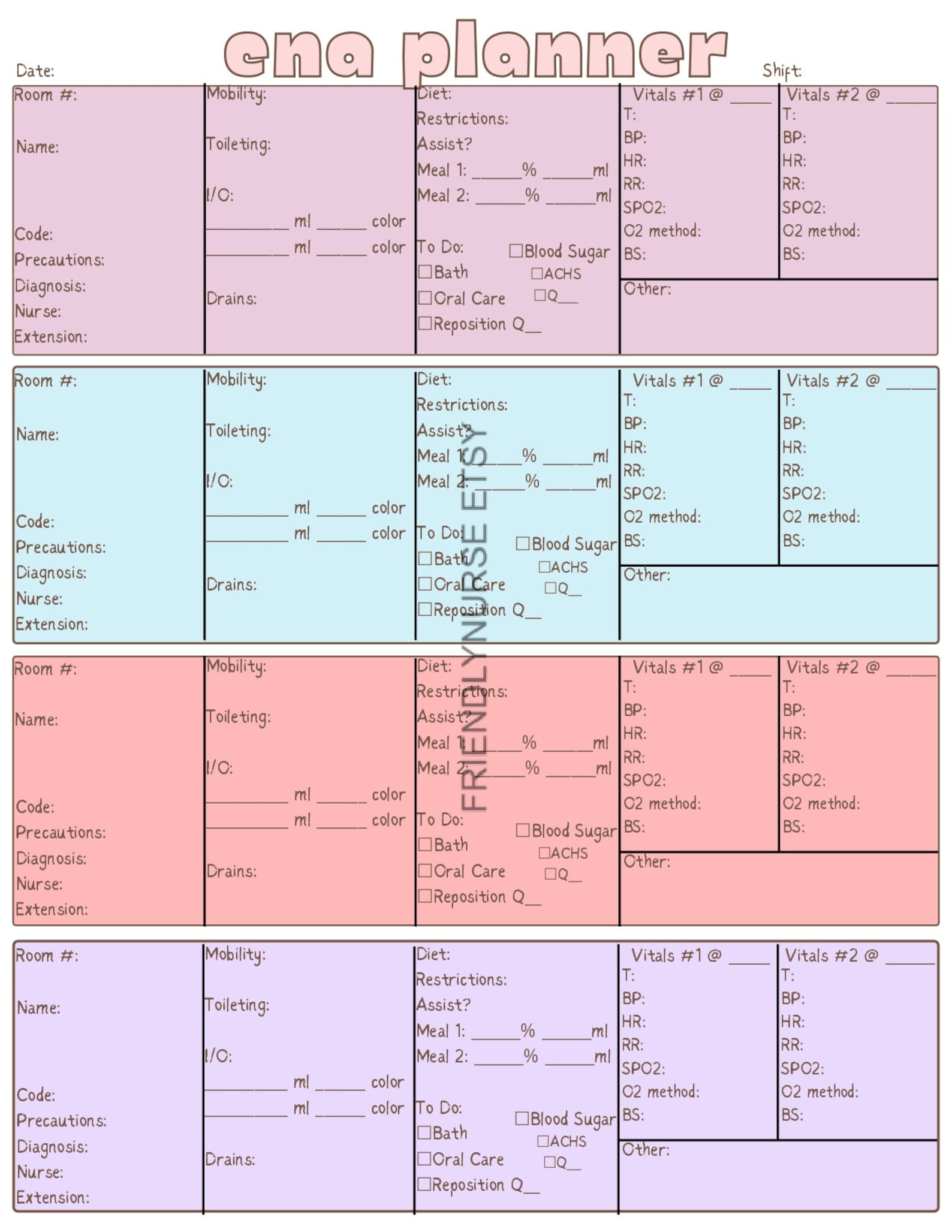 CNA Shift Report Sheet | Certified Nursing Assistant Brain Sheet for 4 ...
