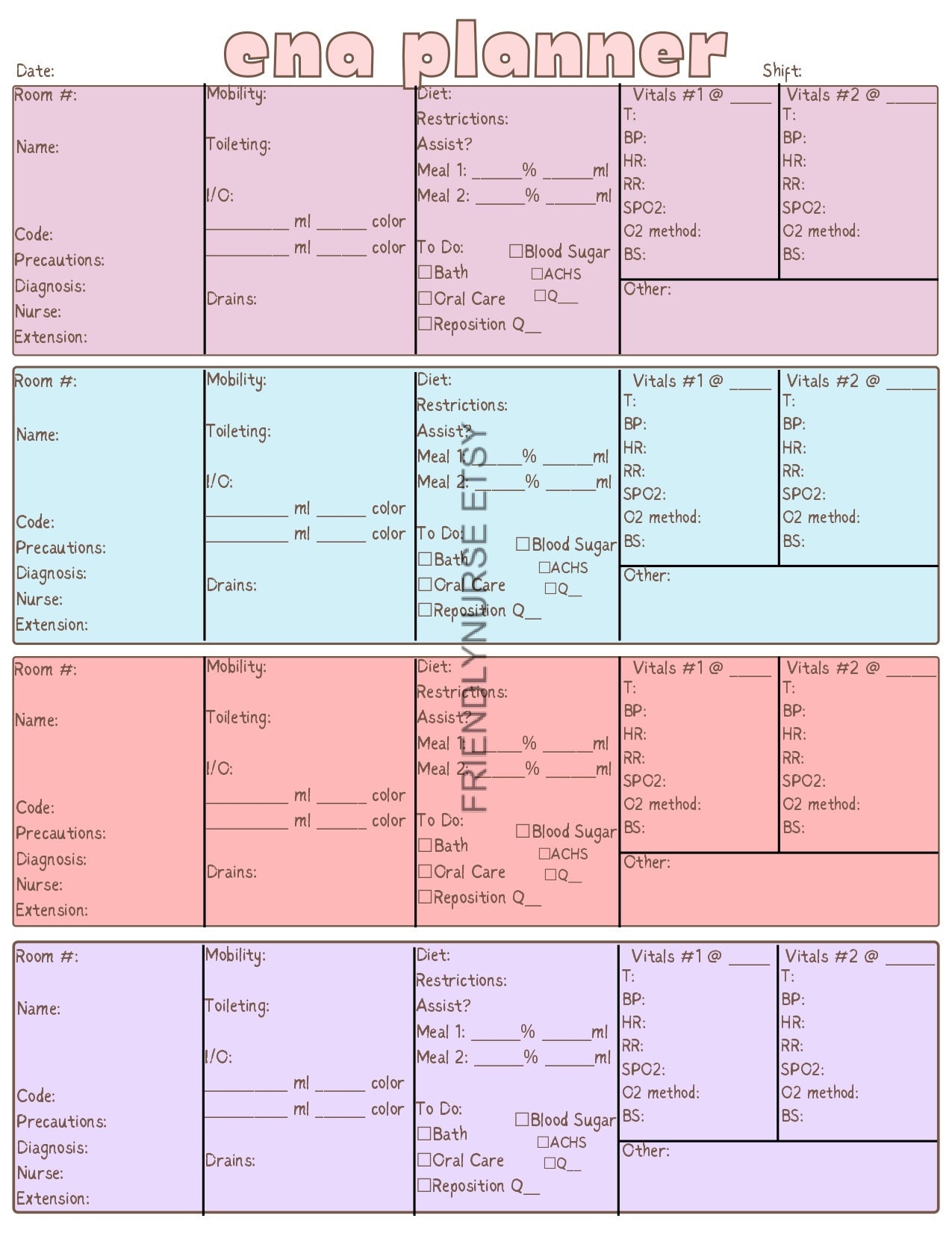 CNA Shift Report Sheet | Certified Nursing Assistant Brain Sheet for 4 ...