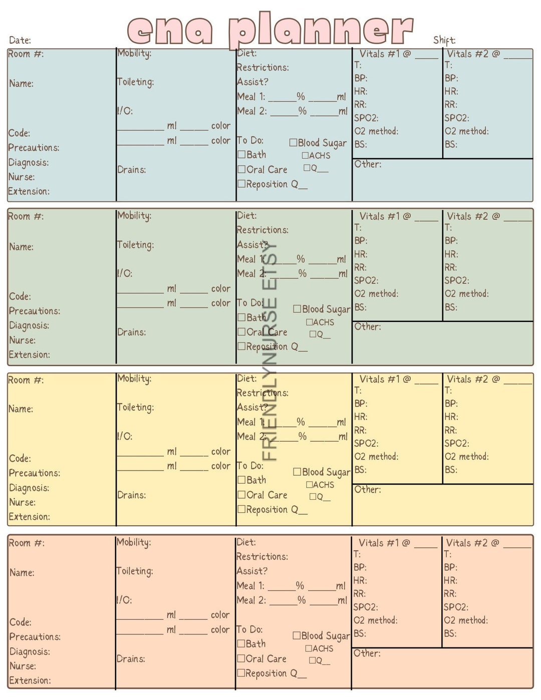 CNA Shift Report Sheet | Certified Nursing Assistant Brain Sheet for 4 ...