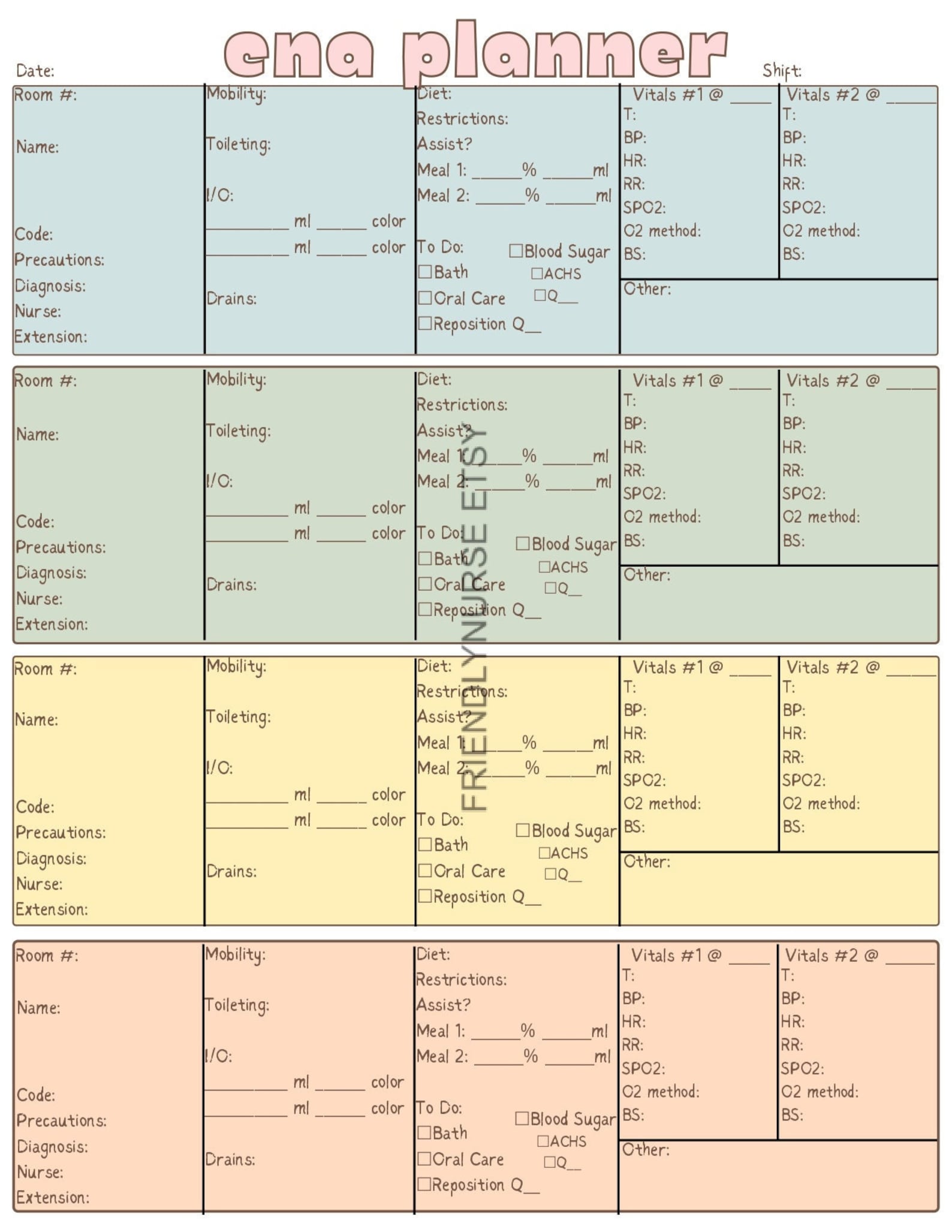 CNA Shift Report Sheet | Certified Nursing Assistant Brain Sheet for 4 ...