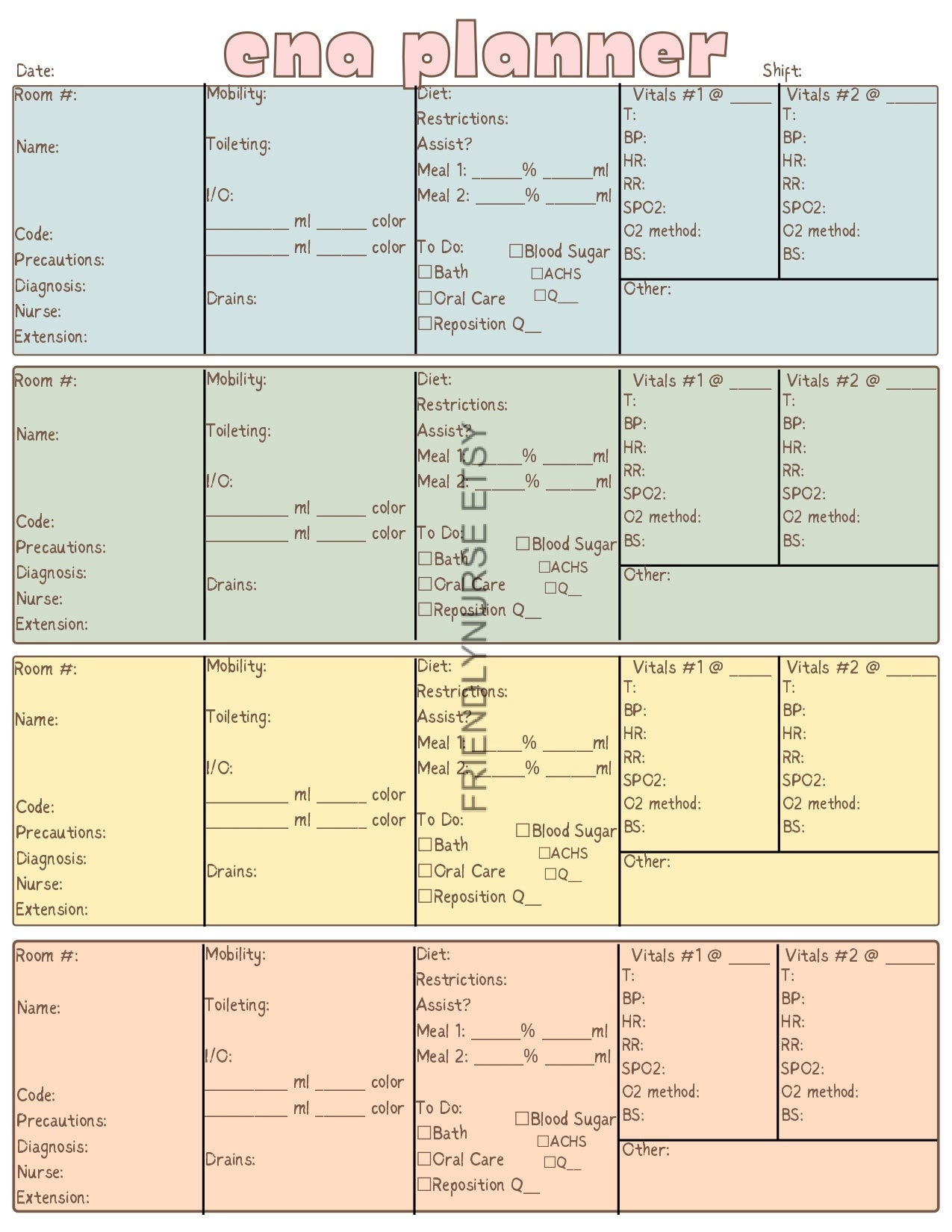 CNA Shift Report Sheet | Certified Nursing Assistant Brain Sheet for 4 ...