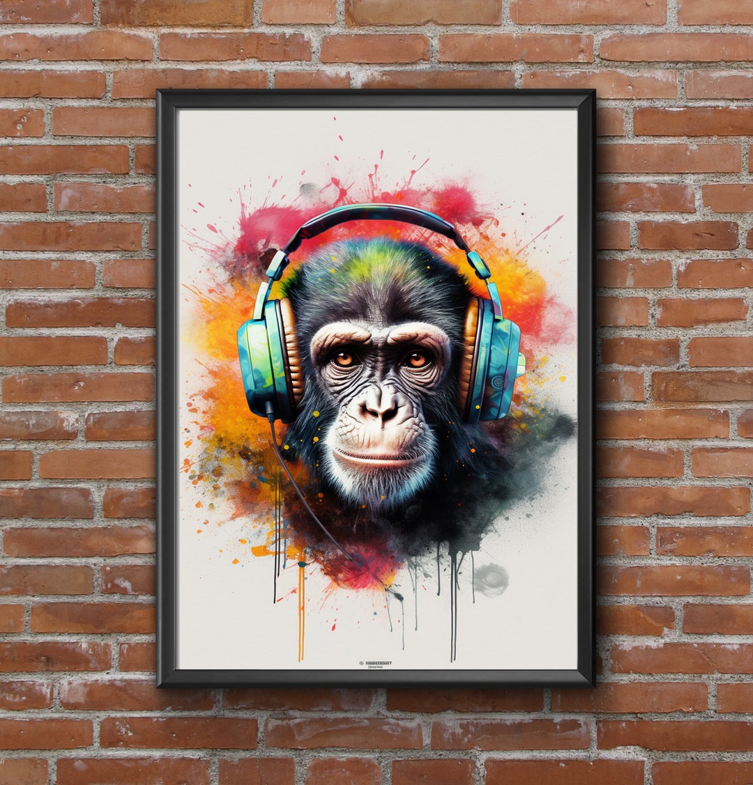 Chimp Monkey Dj , Wearing Headphones, Bright Colourful Watercolour ...