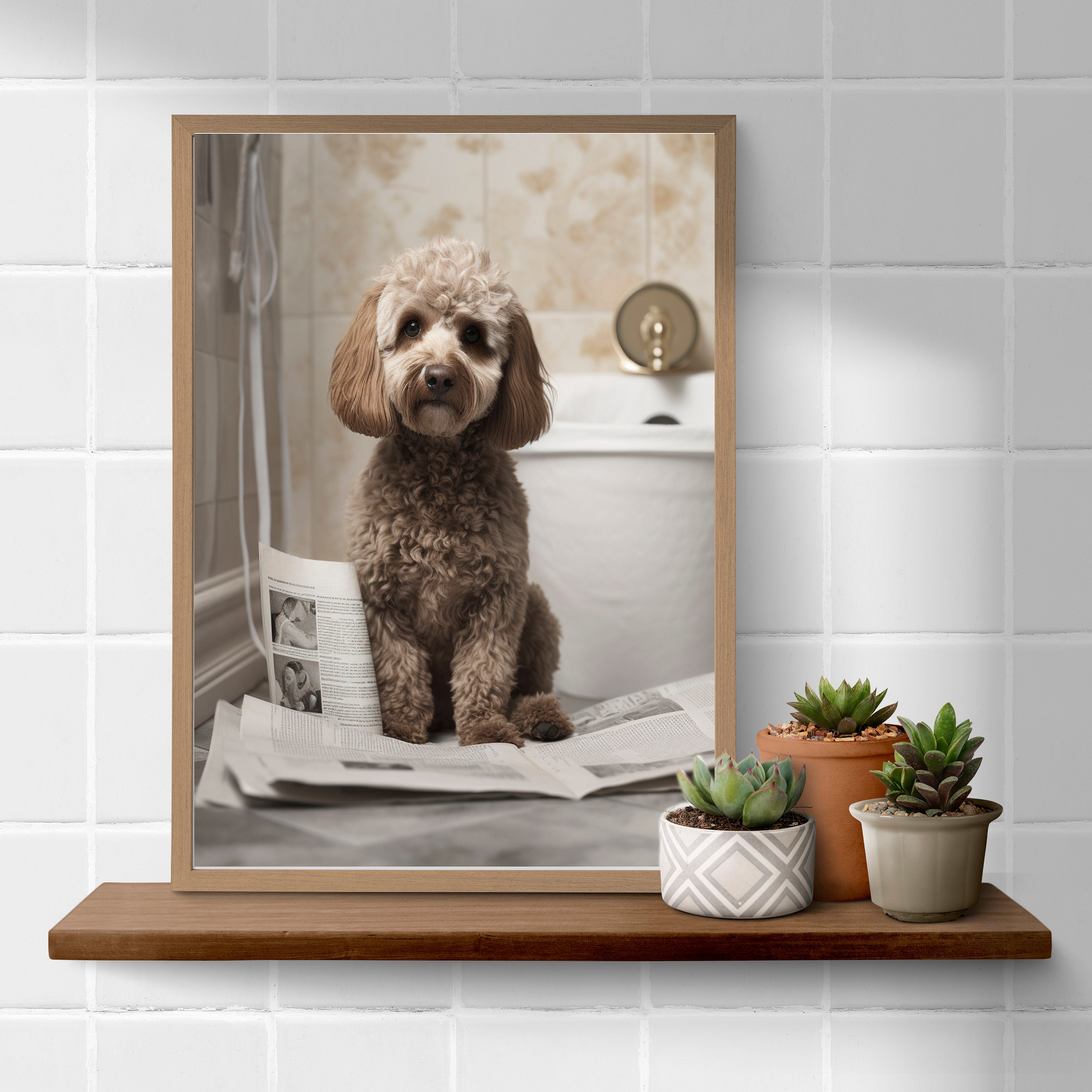 Cockapoo Dog in Bathroom With Newspaper, Funny Bathroom Print , Modern ...