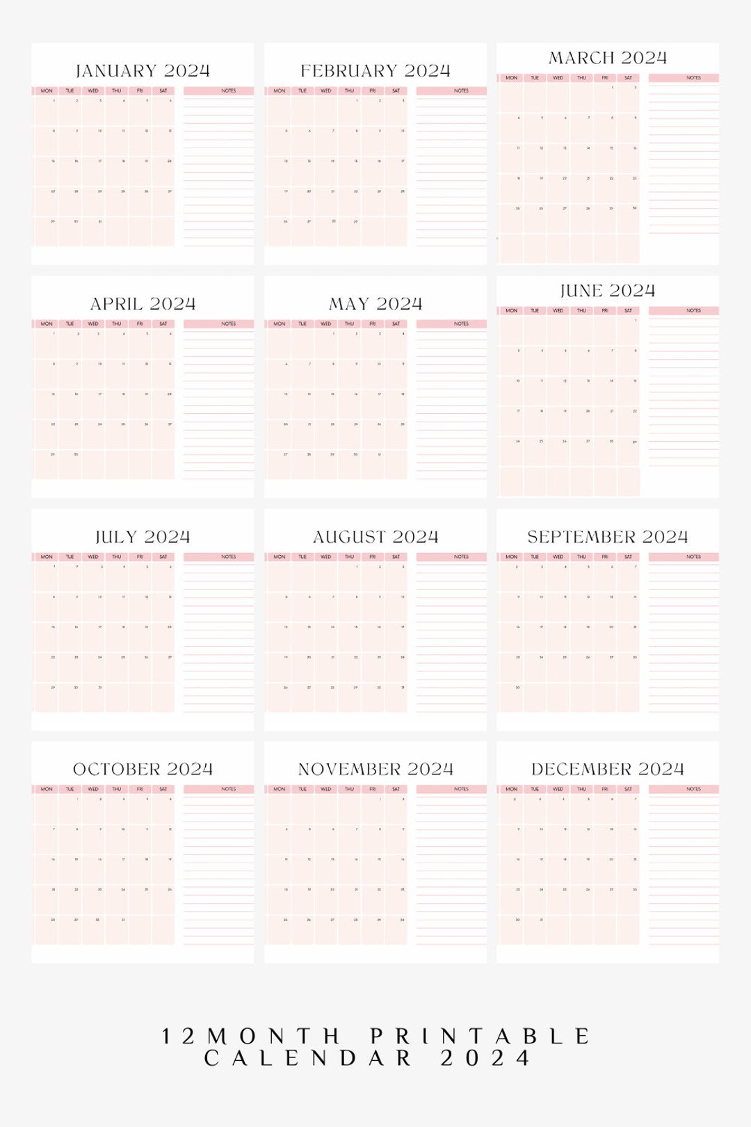 2024 Printable Monthly Pink Calendar , Jan - Dec, Portrait, Digital ...