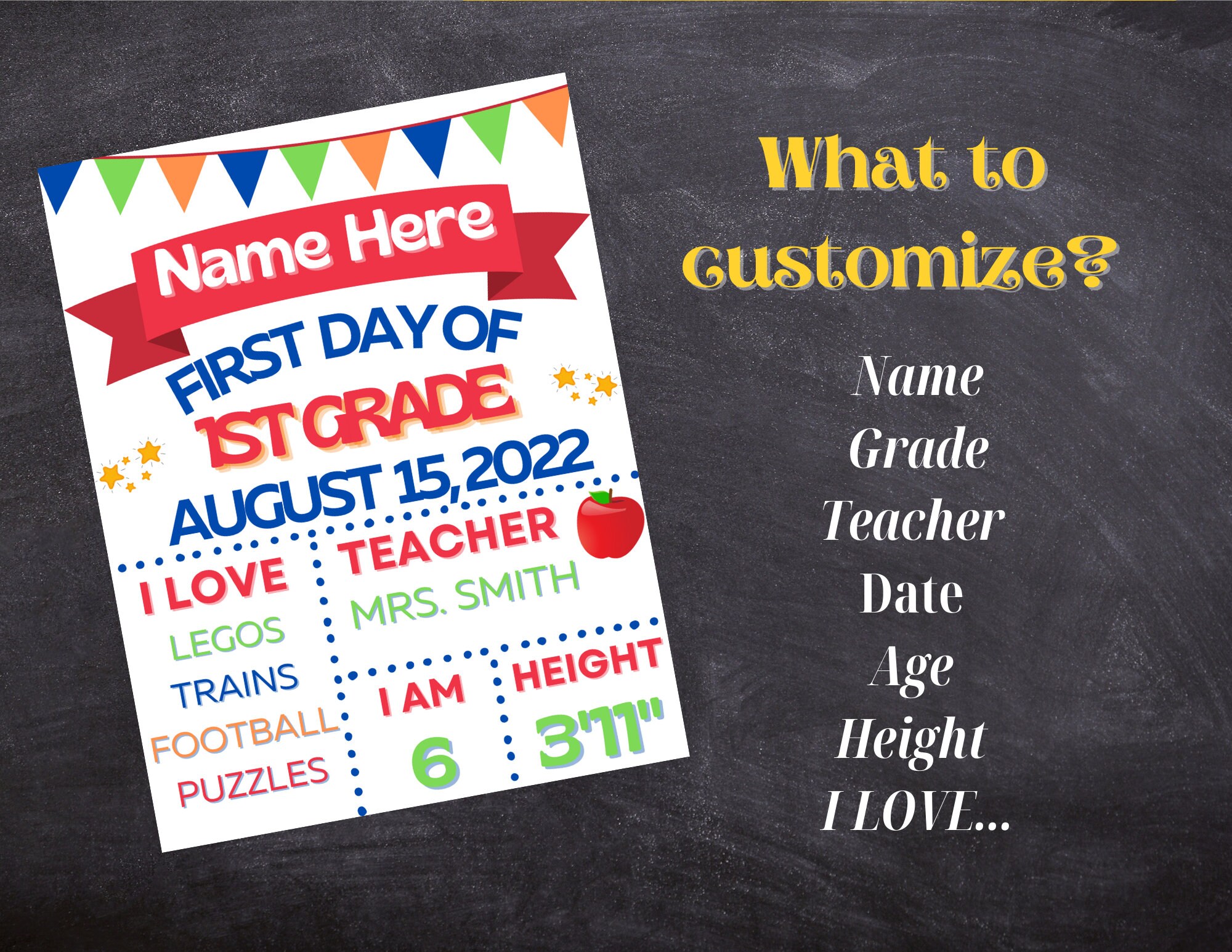 Customizable First Day of School Sign, Back to School Printable ...
