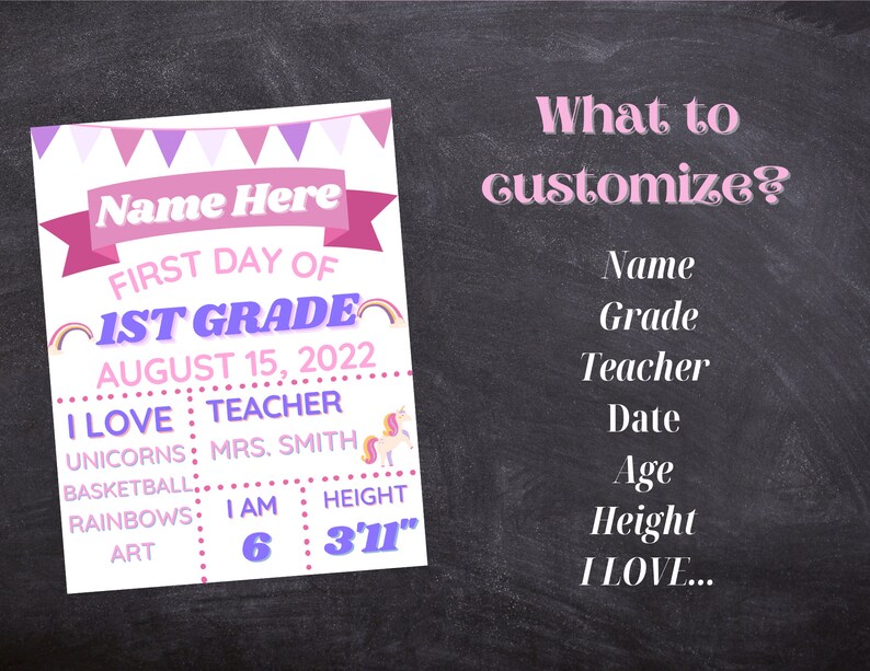 Customizable Unicorn School Sign | First Day of School Sign | Back to ...