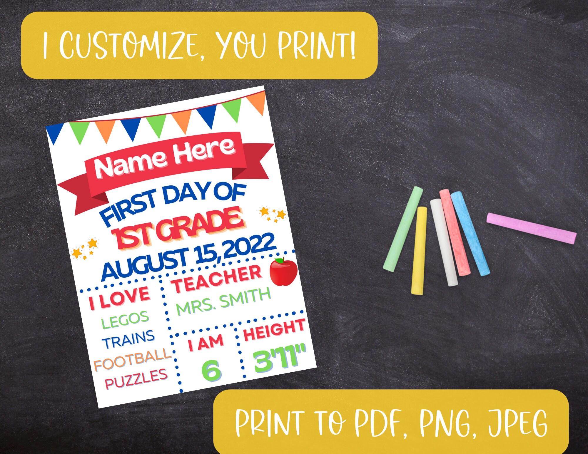 Customizable First Day of School Sign, Back to School Printable ...