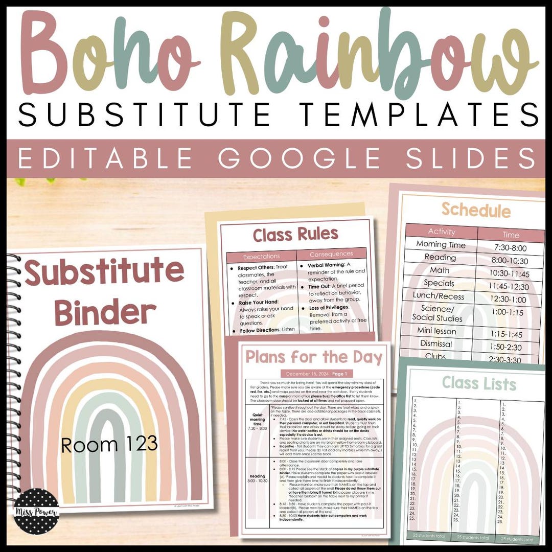 Boho Rainbow Substitute Binder Templates: Editable Sub Plans (google ...