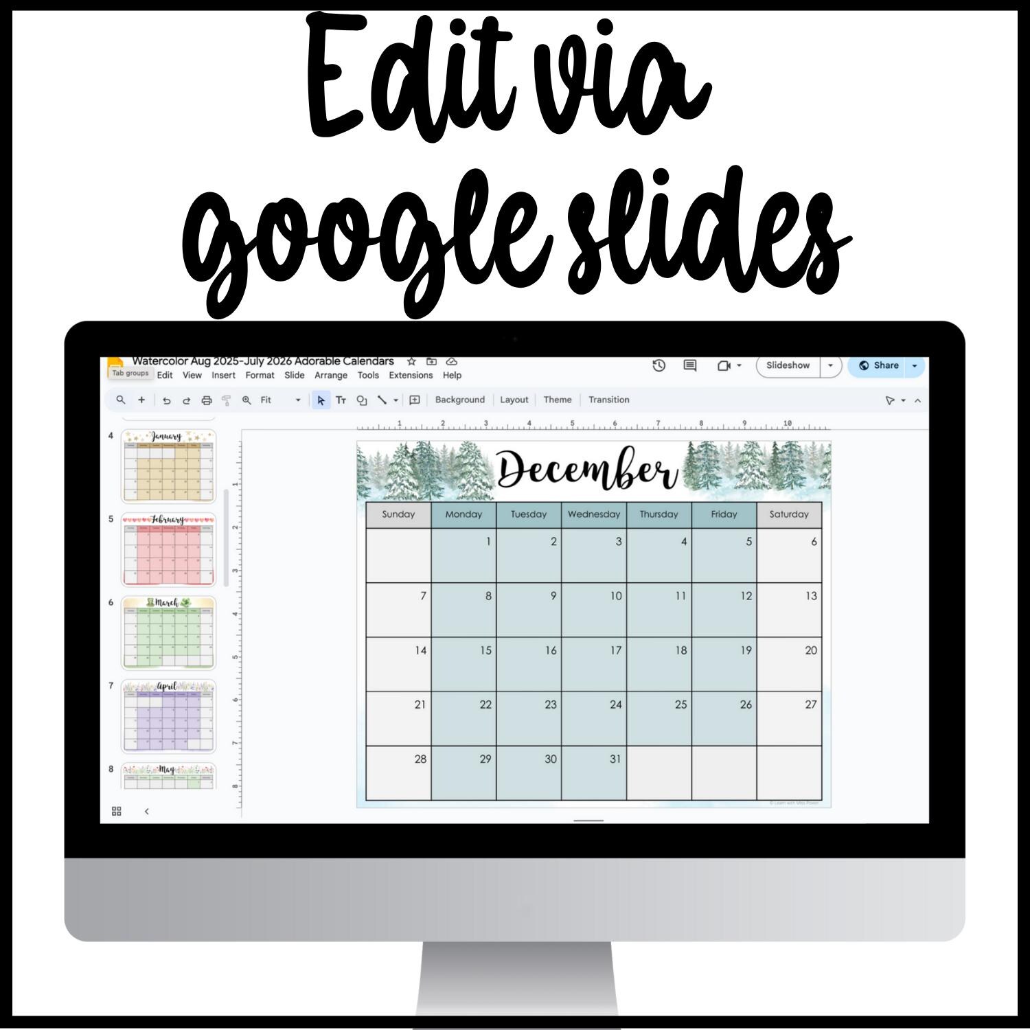 Watercolor Calendar | Monthly Calendar Printable 2026-2027 | Editable ...