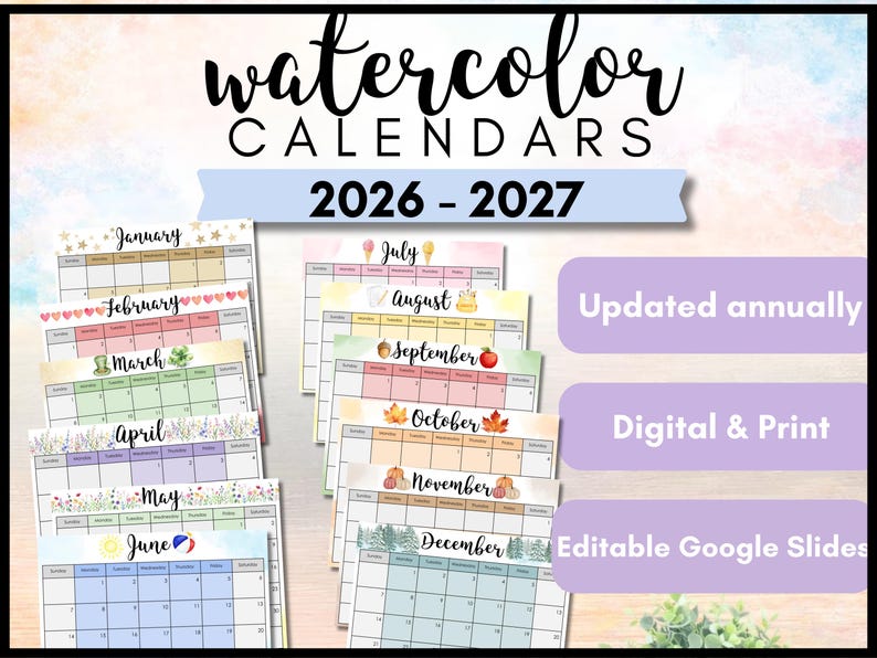Watercolor Calendar | Monthly Calendar Printable 2026-2027 | Editable ...