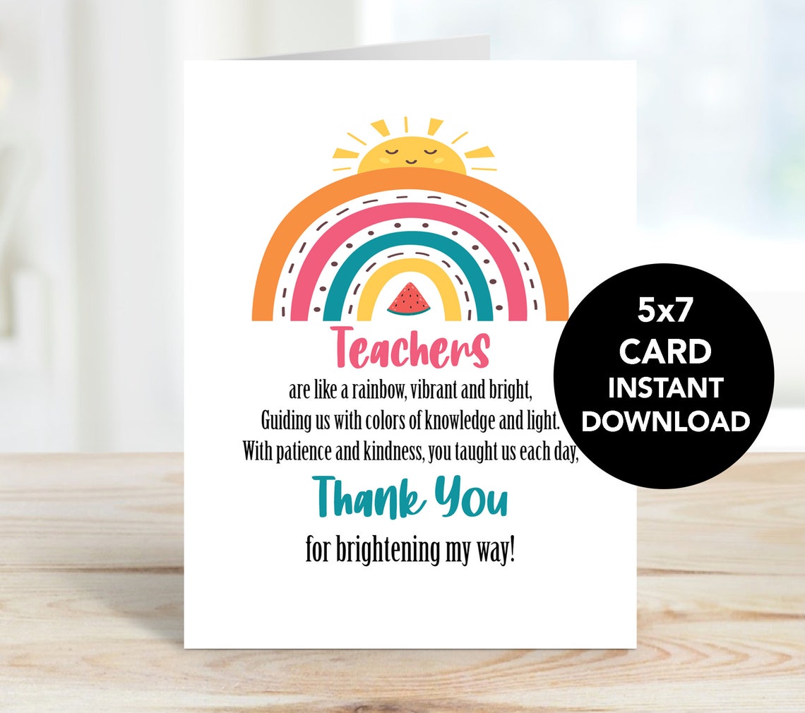 Teacher Thank You Card, Teacher Rainbow Card, Teacher Appreciation Card ...