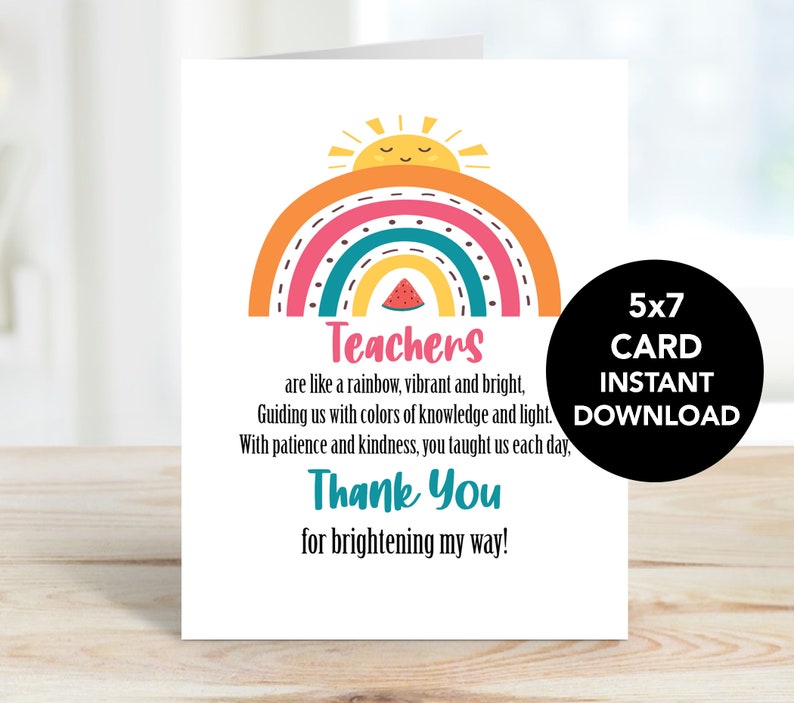 Teacher Thank You Card, Teacher Rainbow Card, Teacher Appreciation Card ...