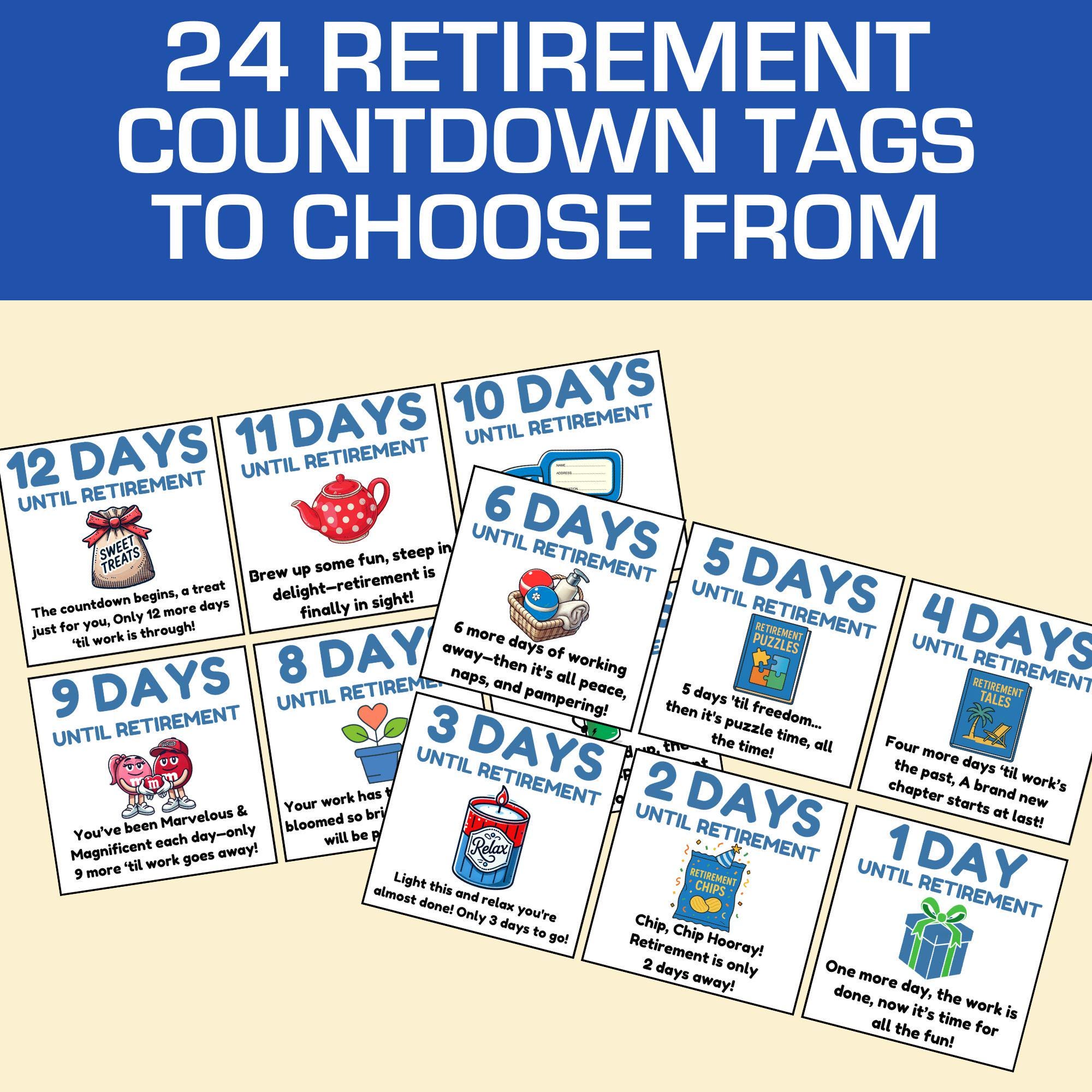 Retirement Countdown Tags, Printable Gift Tags for Gift Basket or Last ...