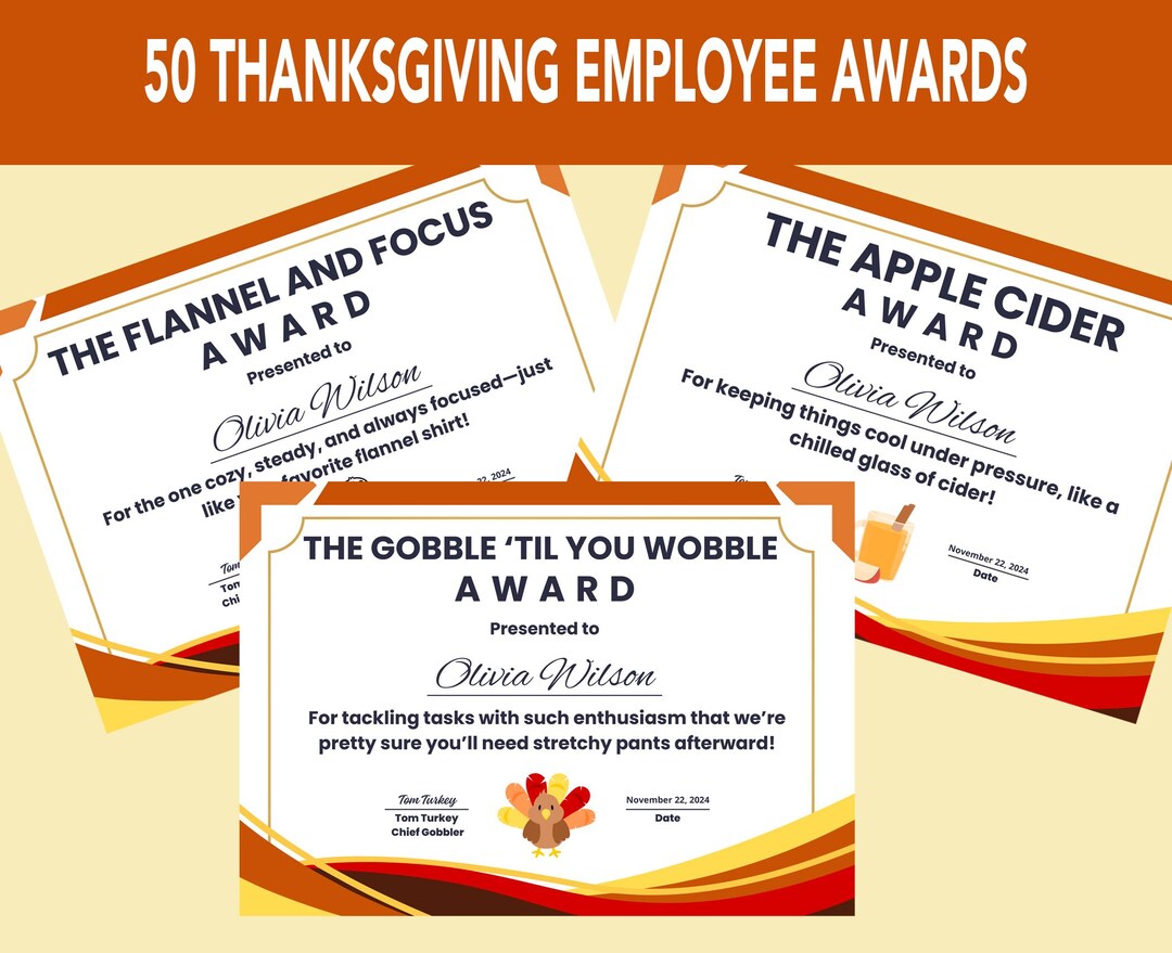 Thanksgiving Employee Certificates, Turkey Day Employee Awards ...