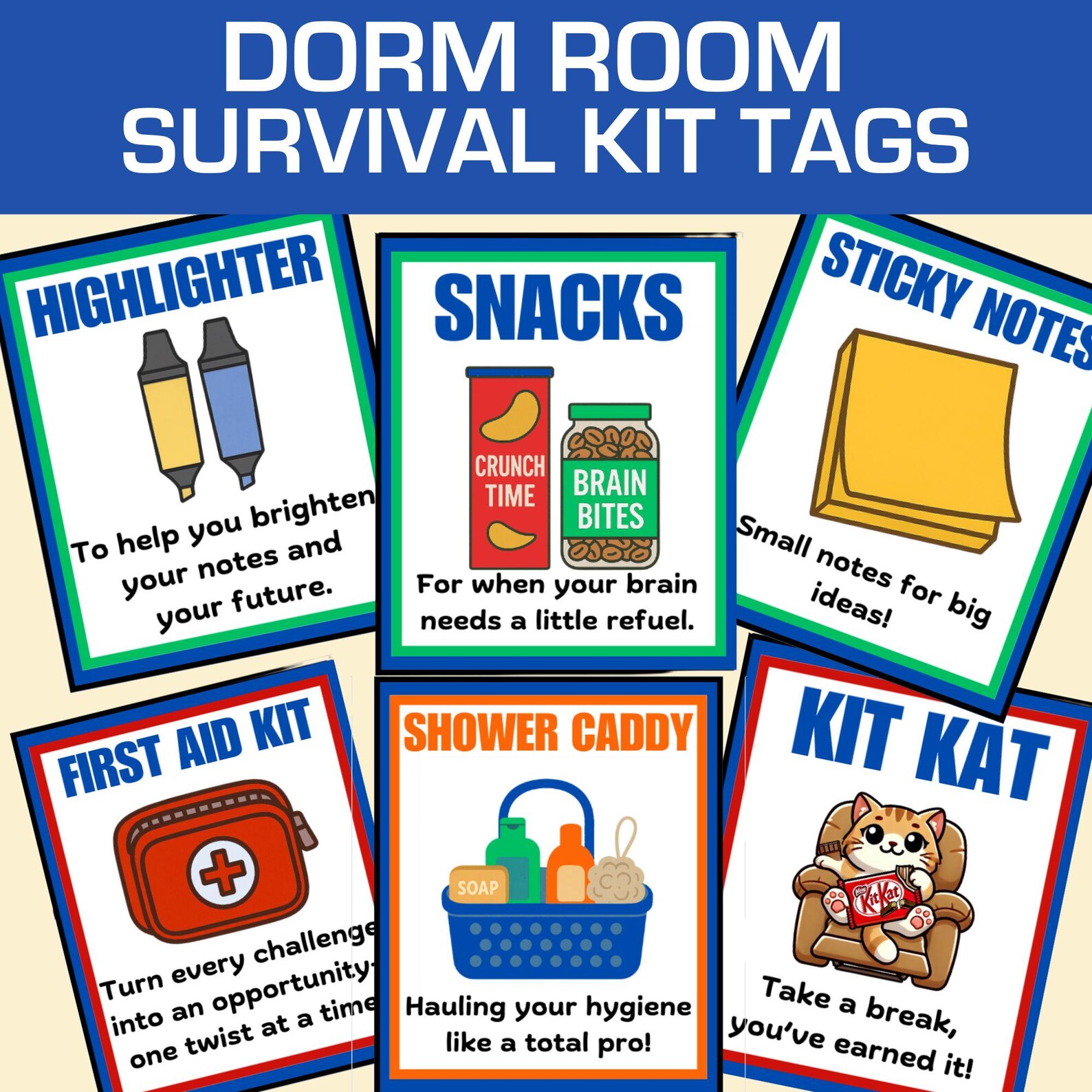 Dorm Room Survival Kit, Freshman Gift Tags, Printable College Gift ...