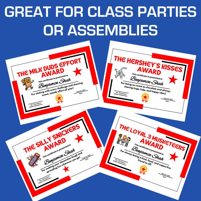 Candy Bar Award Certificates, Funny End of Year Awards, Download, Edit ...