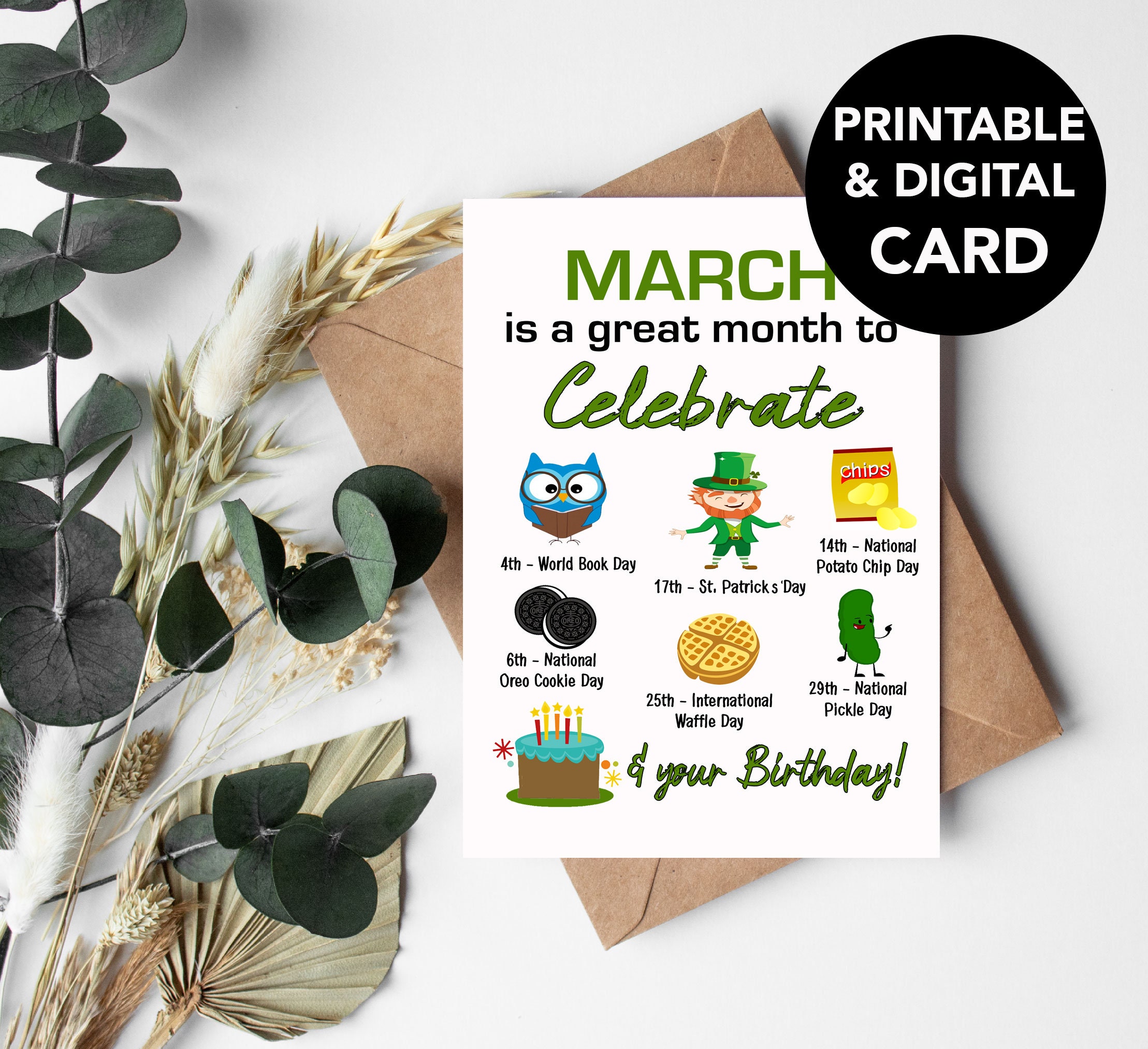 Printable Birthday Card, Digital March Birthday Card, March Birthday ...