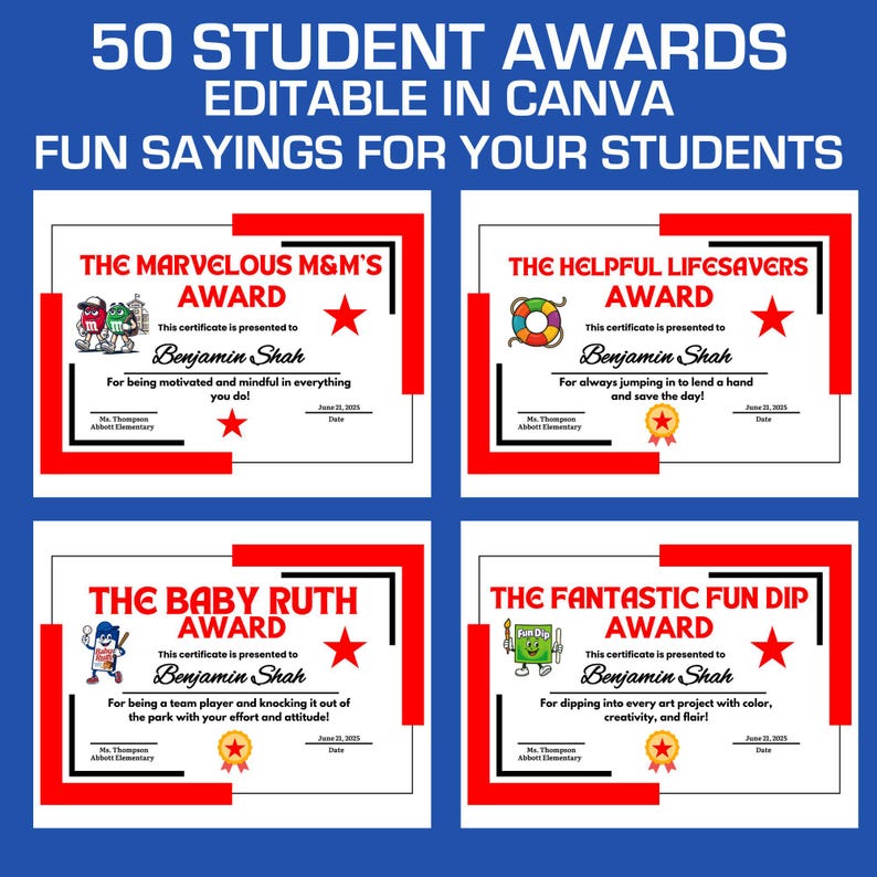Candy Bar Award Certificates, Funny End of Year Awards, Download, Edit ...