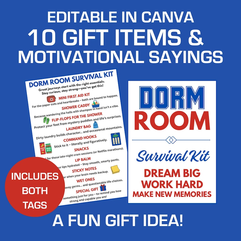 Dorm Room Survival Kit Gift Tag, College Care Package Tag, Printable ...