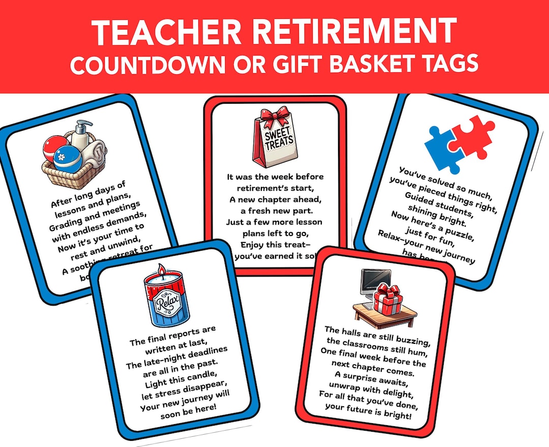 Teacher Retirement Countdown Tags, Printable Gift Tags for Gift Basket ...