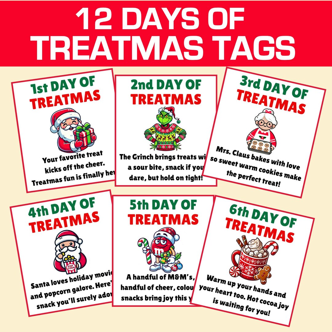 12 Days of Christmas Tags, 12 Days of Treatmas Tags, Christmas ...