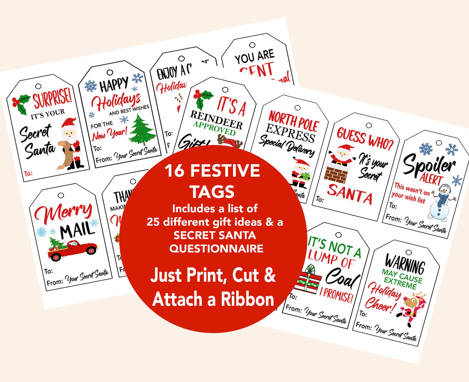 Secret Santa Gift Tags Printable, Secret Santa Questionnaire, Work ...