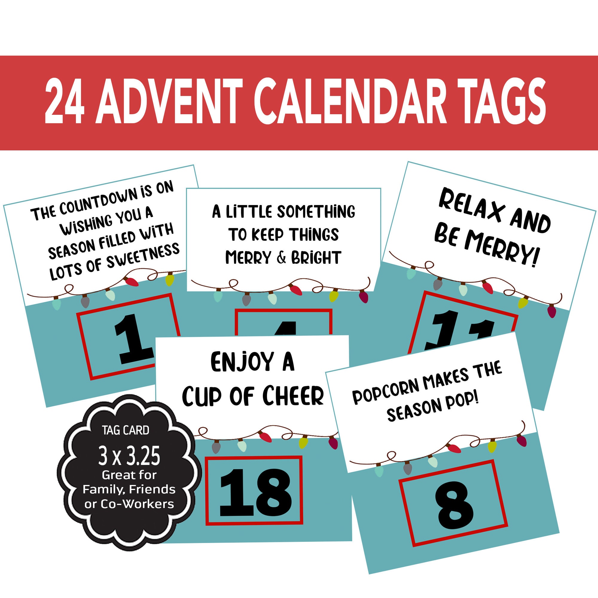 Advent Calendar Tags, Printable Christmas Countdown Gift Tags, Neighbor ...