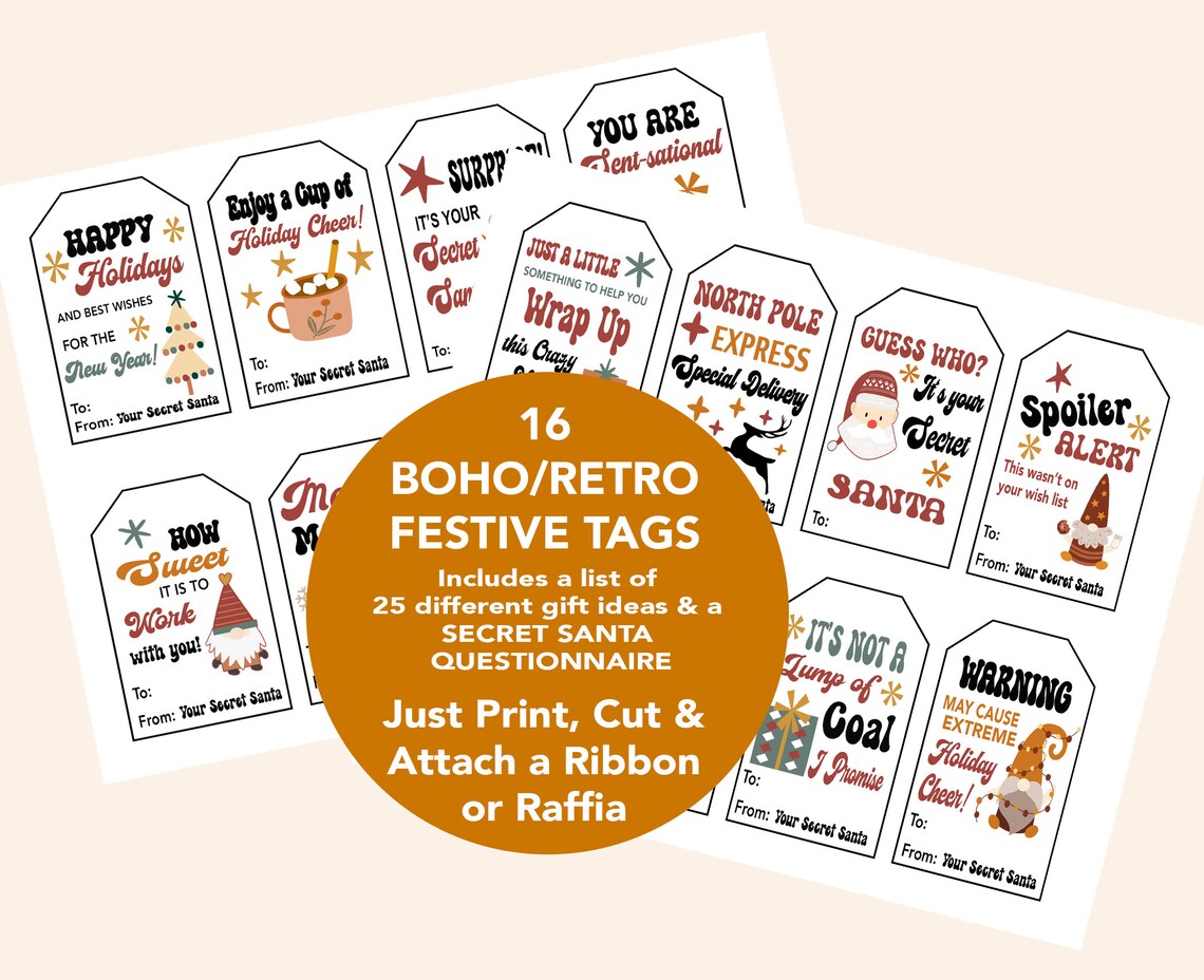 Secret Santa Gift Tags Printable, Boho Christmas Gift Tags, Retro Gift ...