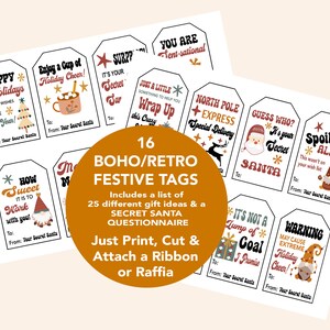Secret Santa Gift Tags Printable, Boho Christmas Gift Tags, Retro Gift ...