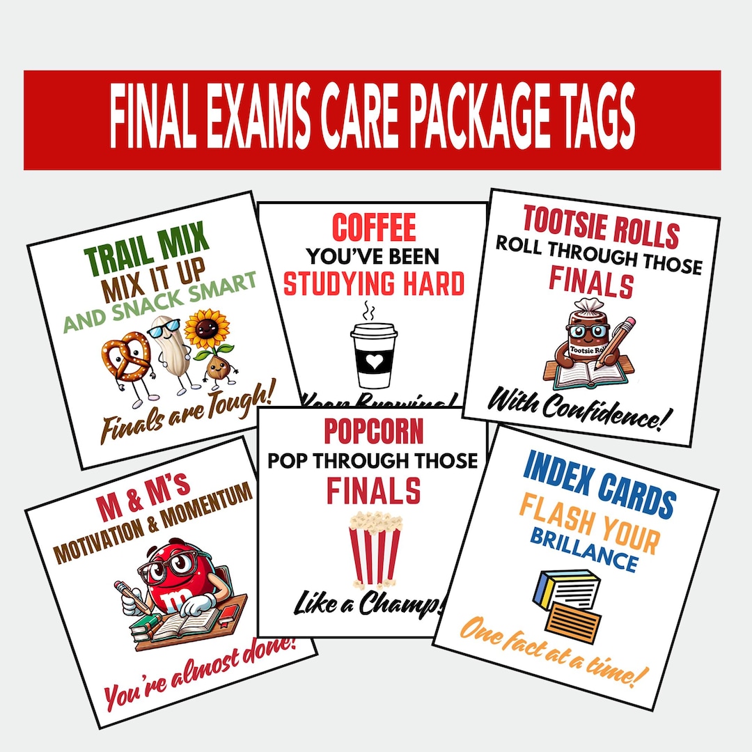 Final Exams Care Package Tags, Final Exams Survival Kit, Midterms Care ...