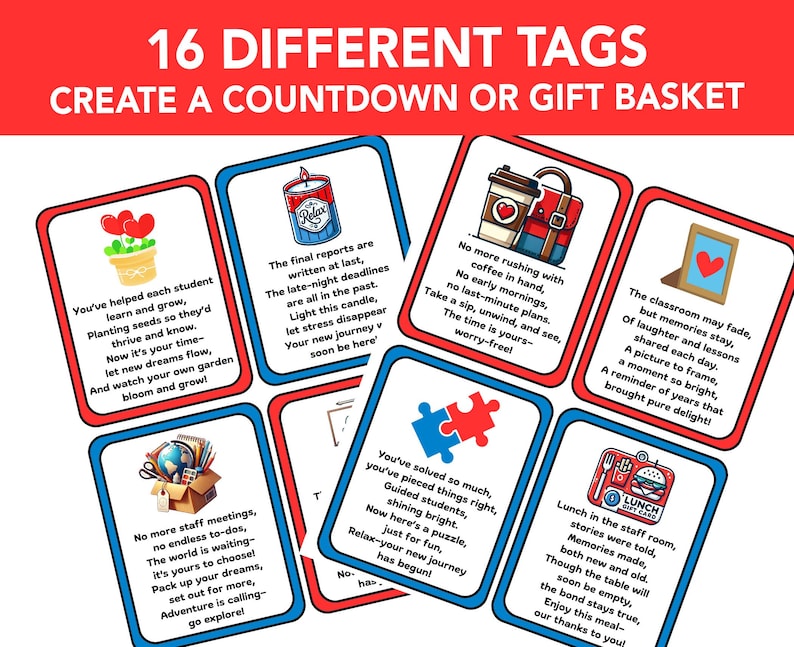Teacher Retirement Countdown Tags, Printable Gift Tags for Gift Basket ...