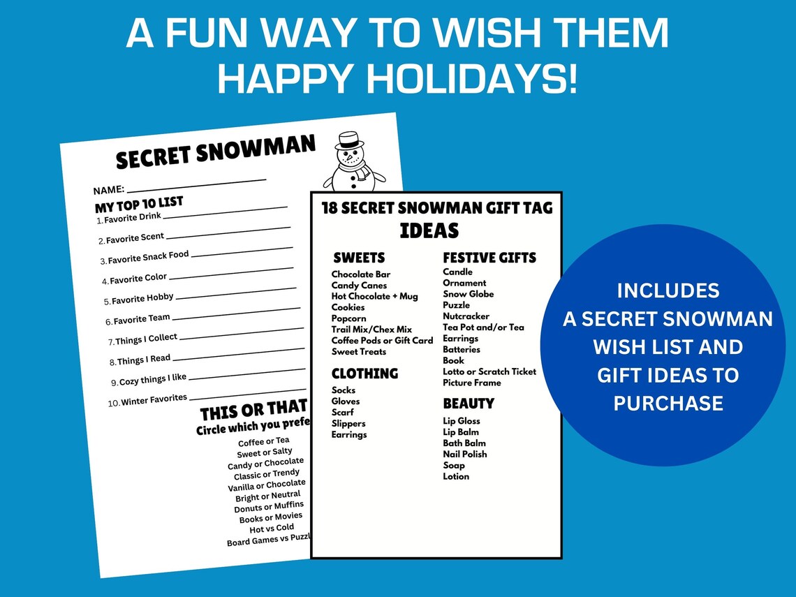 Secret Snowman Gift Tags Printable, Secret Snowman School or Work ...