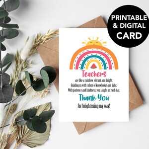Teacher Thank You Card, Teacher Rainbow Card, Teacher Appreciation Card ...