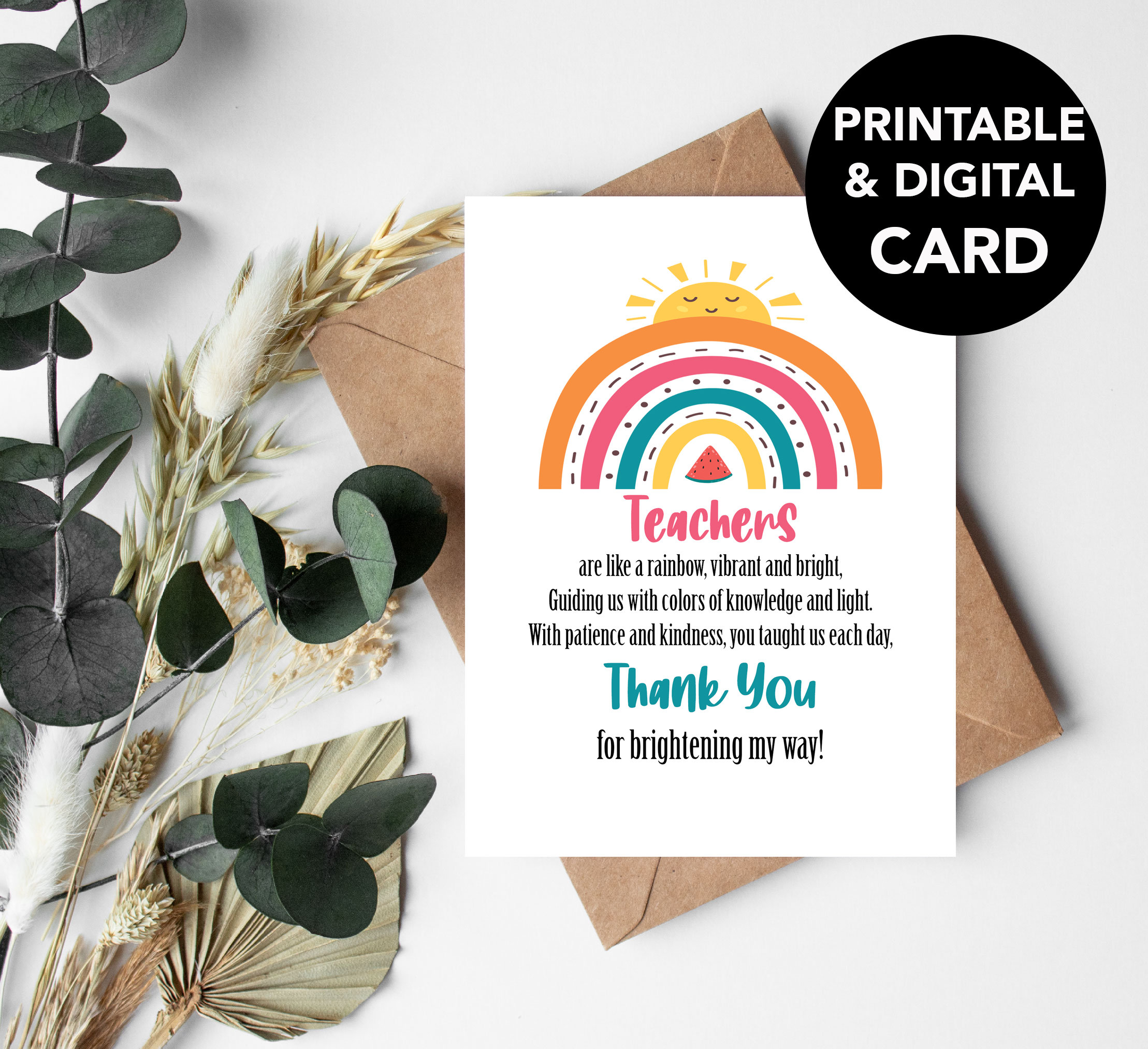 Teacher Thank You Card, Teacher Rainbow Card, Teacher Appreciation Card ...