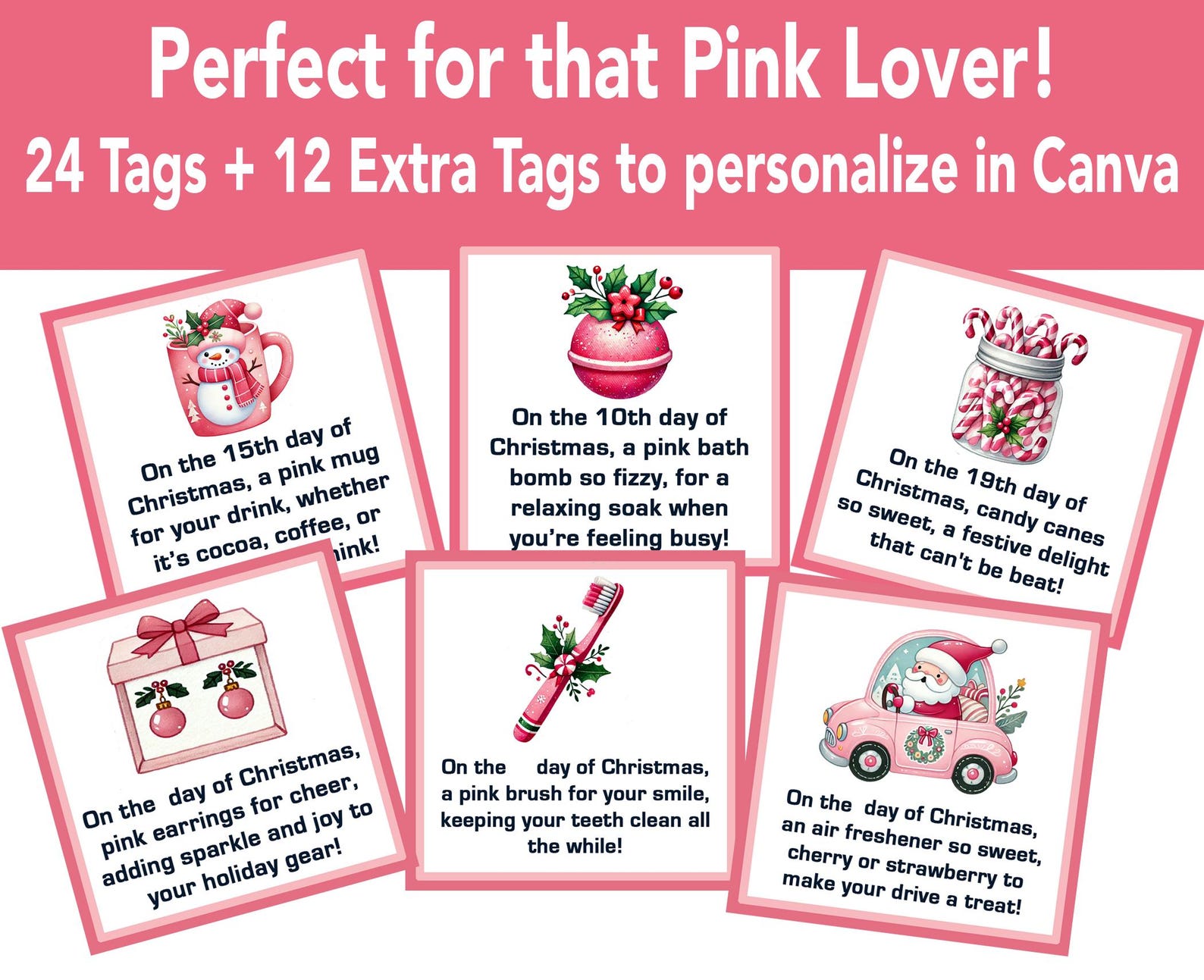 12 Days of Christmas Tags, Christmas Countdown Tags, Pink Advent Tags ...