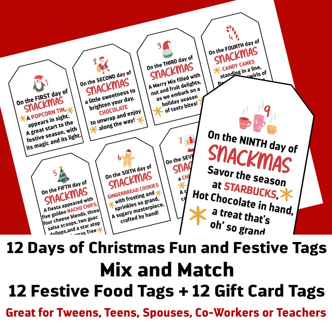 12 Days of Christmas Tags, Christmas Countdown Tags, Snackmas Neighbor ...