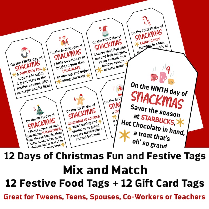 12 Days of Christmas Tags, Christmas Countdown Tags, Snackmas Neighbor ...