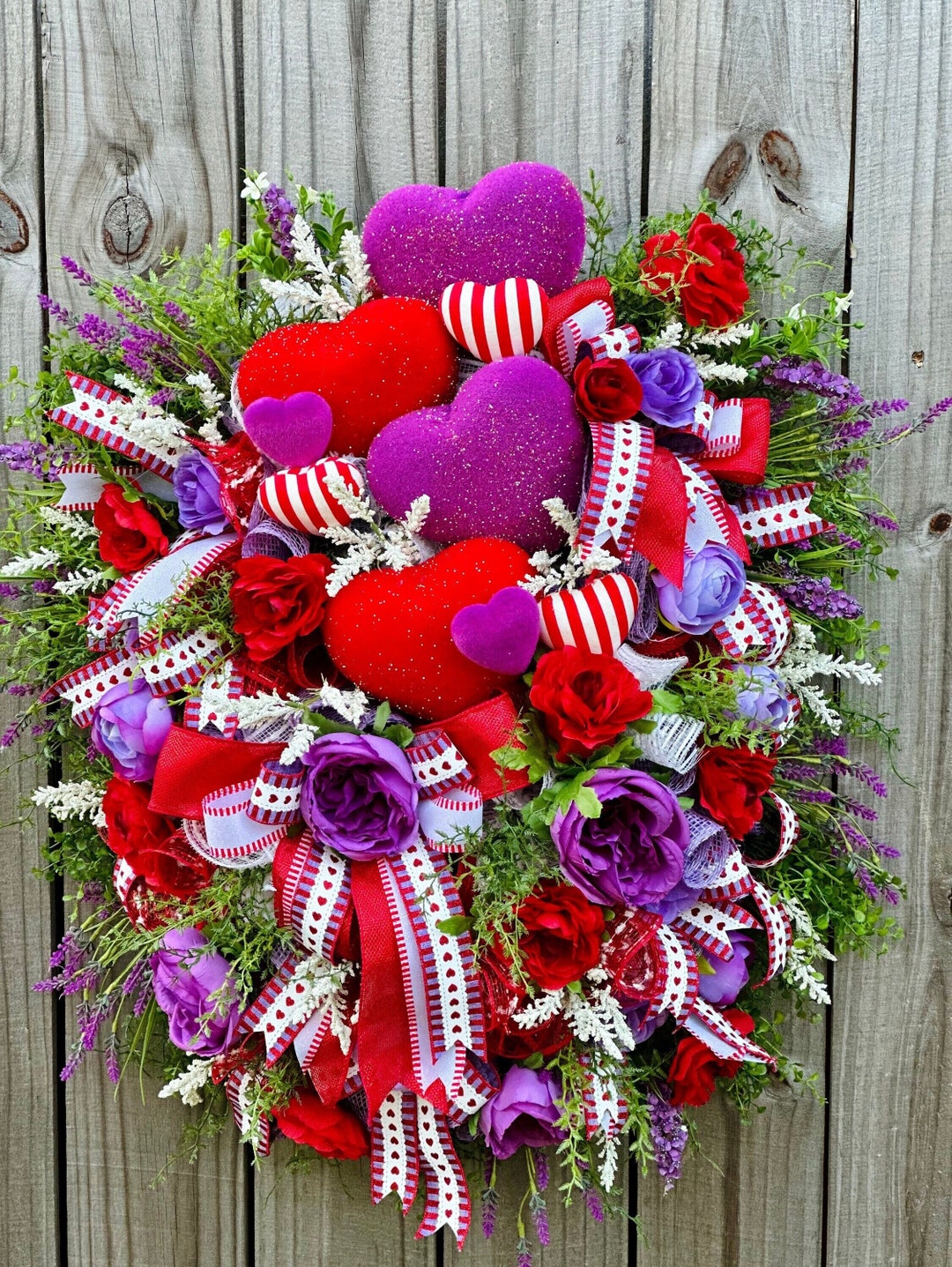 Valentine Heart Wreath: Red Roses, Lavender Ranunculus, Flocked Hearts ...