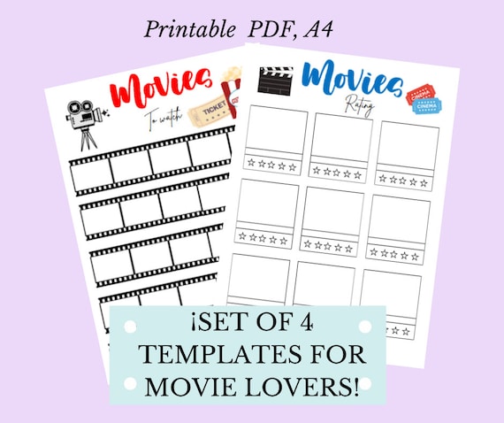 Set of 4 Digital Templates for Movie Lovers / PDF Instant - Etsy