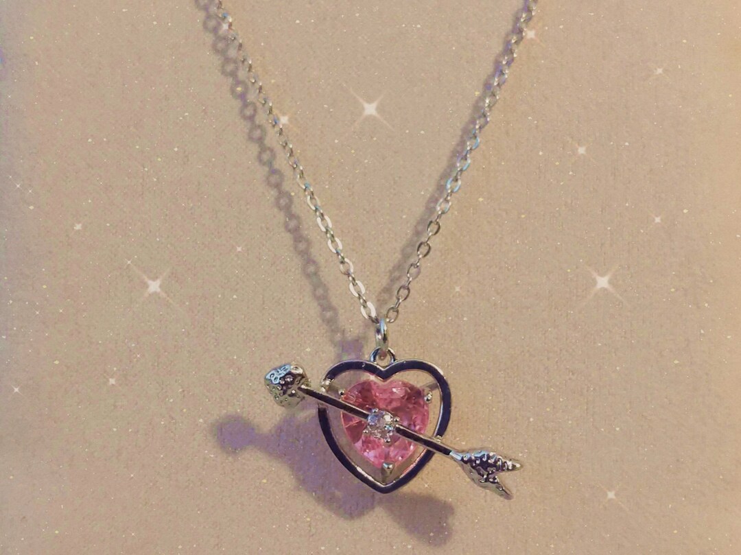 Pink Heart Necklace, Cupid Heart Arrow Rhinestone Necklace, Coquette ...