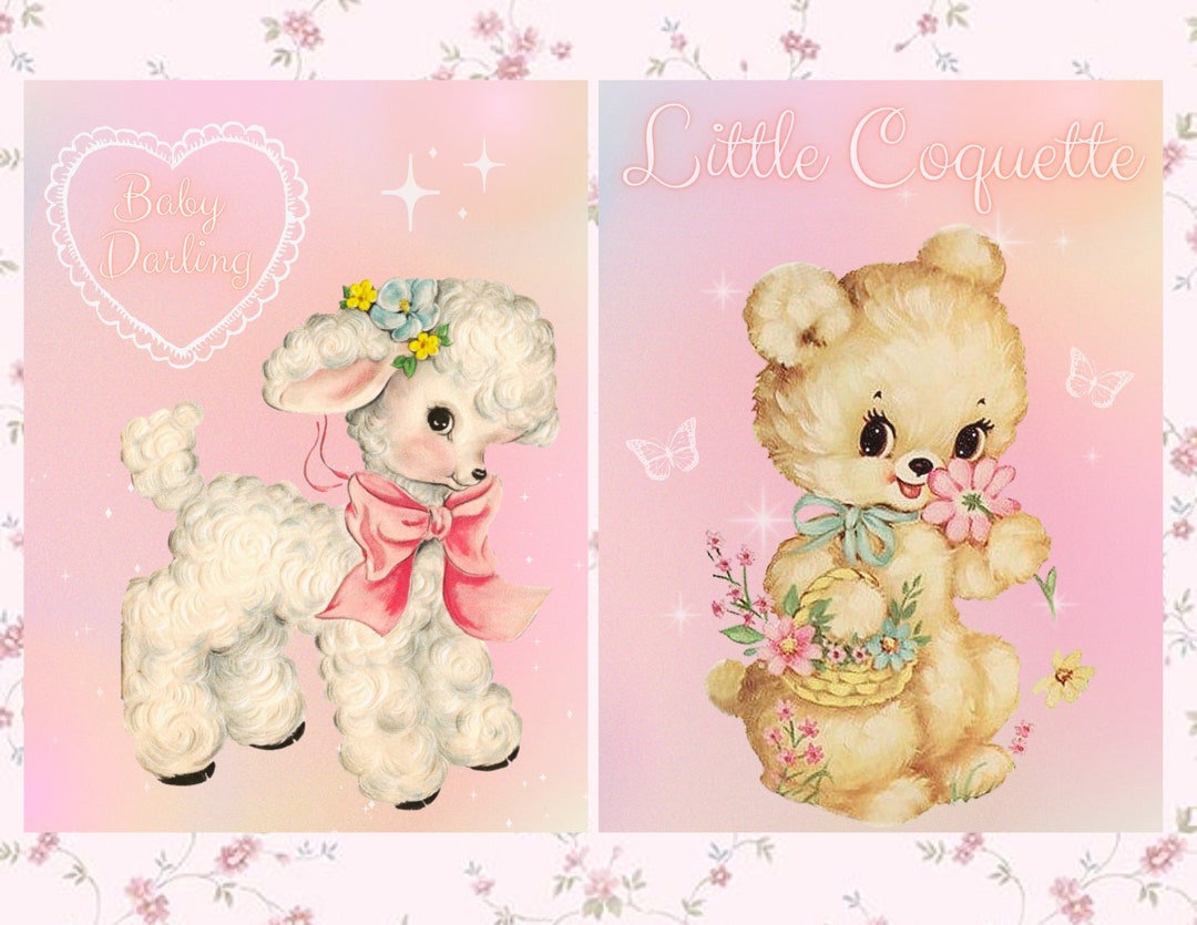 Vintage Cartoon Sheep and Bear Coquette Prints, Kawaii Aesthetic Room ...