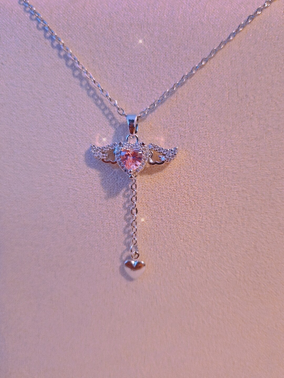 Pink Heart Necklace, Wings Rhinestone Necklace, Coquette Necklace ...