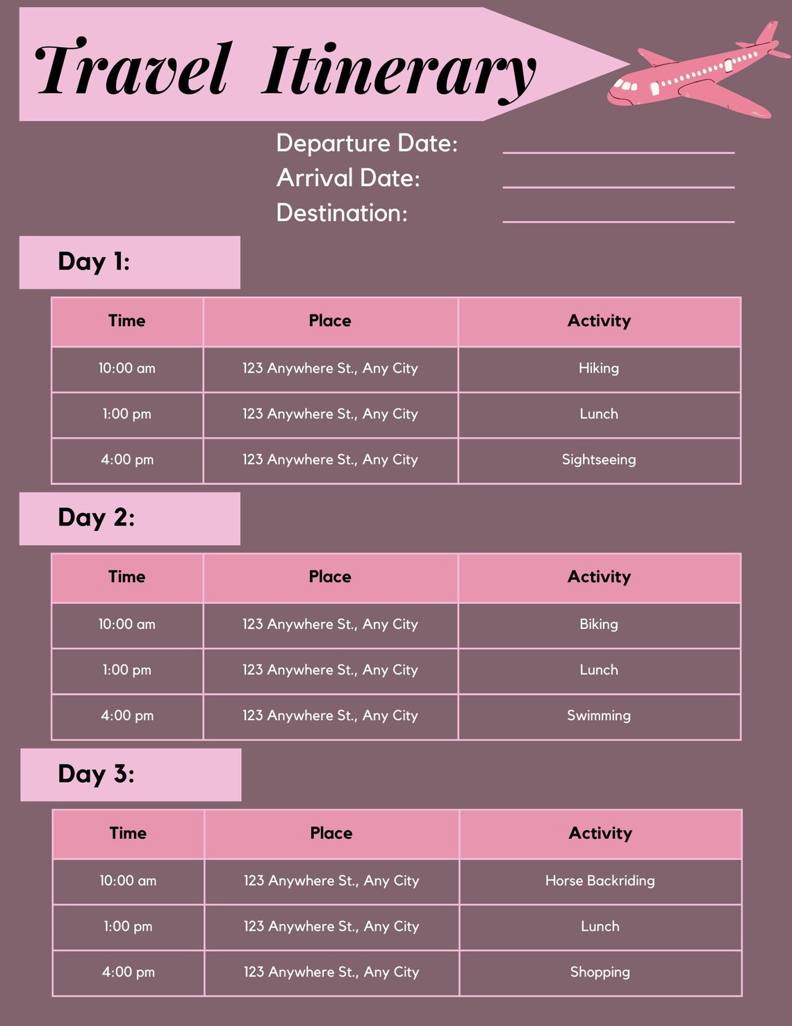 Printable Travel Itinerary Template | Customizable Travel Planner ...