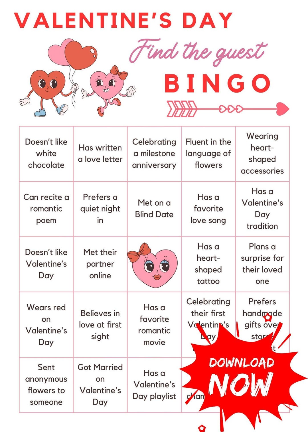 Valentine's Day Bingo, Downloadable Card Game, Find the Guest, Couple's ...