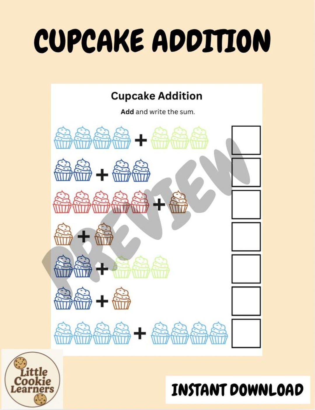 Cupcake Addition Worksheet, Kindergarten Math Printable, Preschool ...