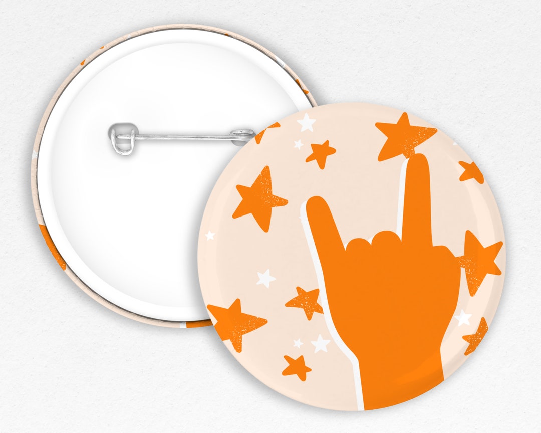 Burnt Orange Horns up Pinback Button Game Day Pin Orange and White ...