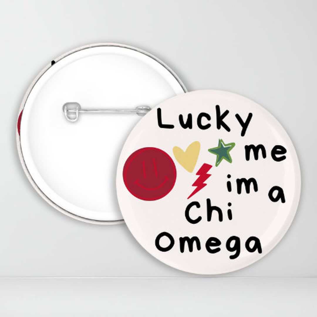 Lucky Me Im A Chi Omega Pin-back Button | Game Day Pin | Red and Gold ...