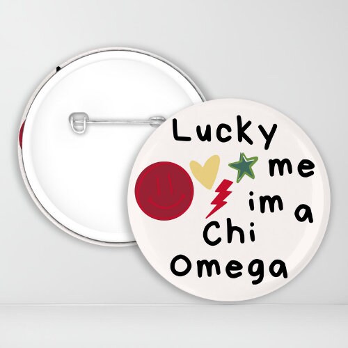 Lucky Me Im A Chi Omega Pin-back Button | Game Day Pin | Red and Gold ...