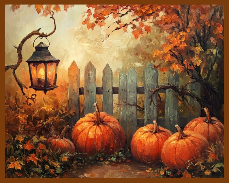 Autumn Pumpkin Patch Painting: Warm Fall Scene With Rustic Lantern ...