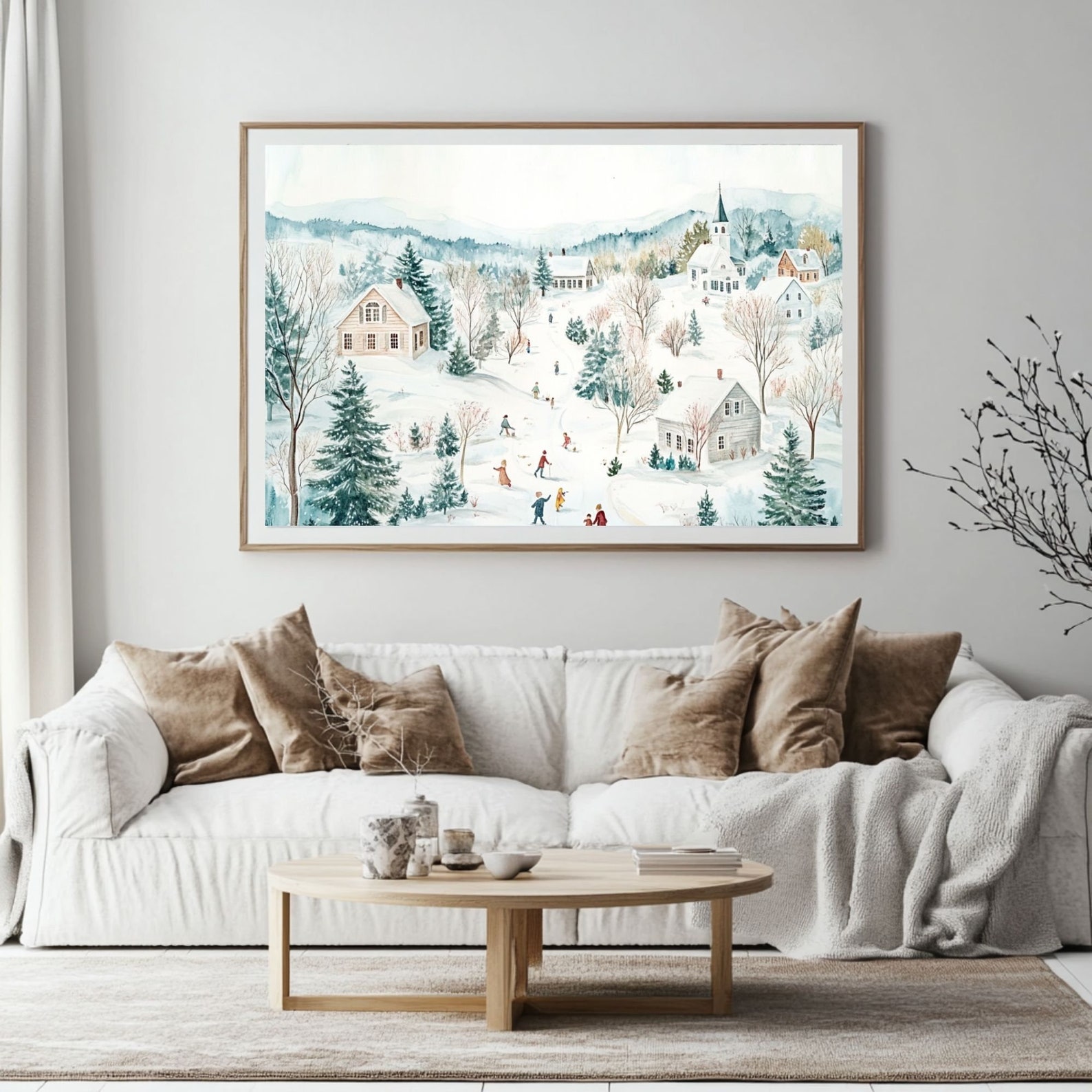Enchanting Winter Village Scene - New England Snowscape With Villagers ...